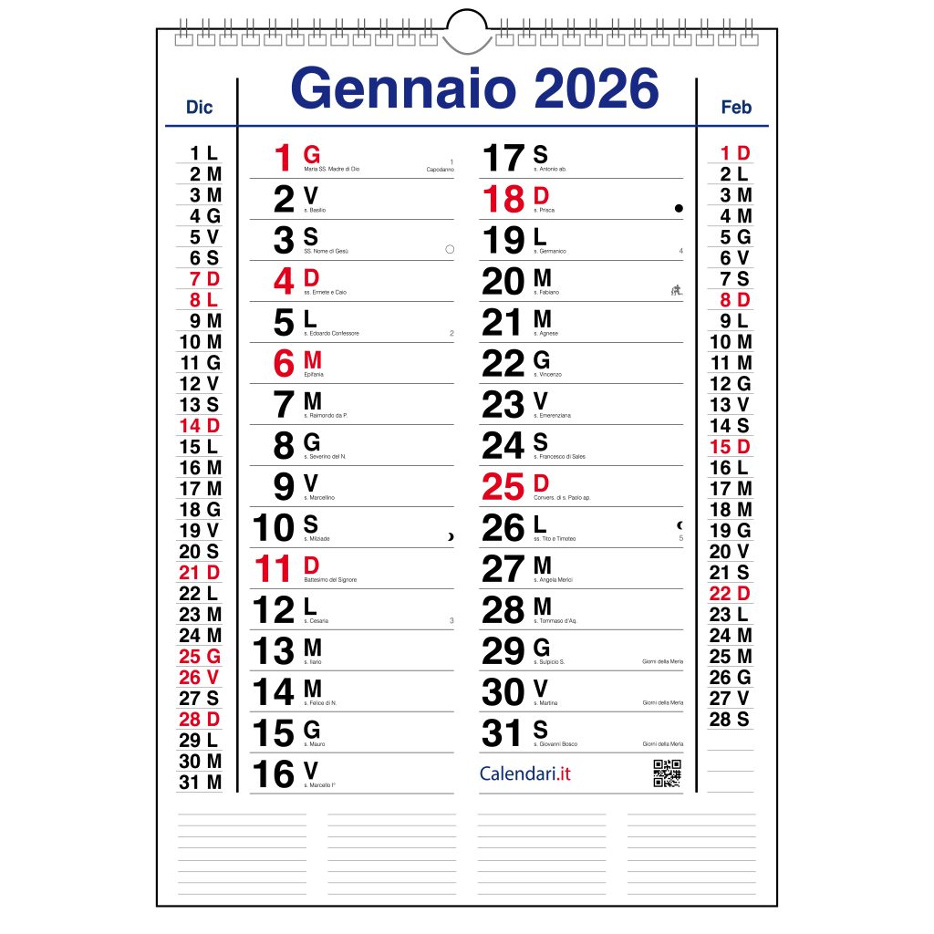 Calendario 2026 olandese classico da muro mensile con santi, lune e ...