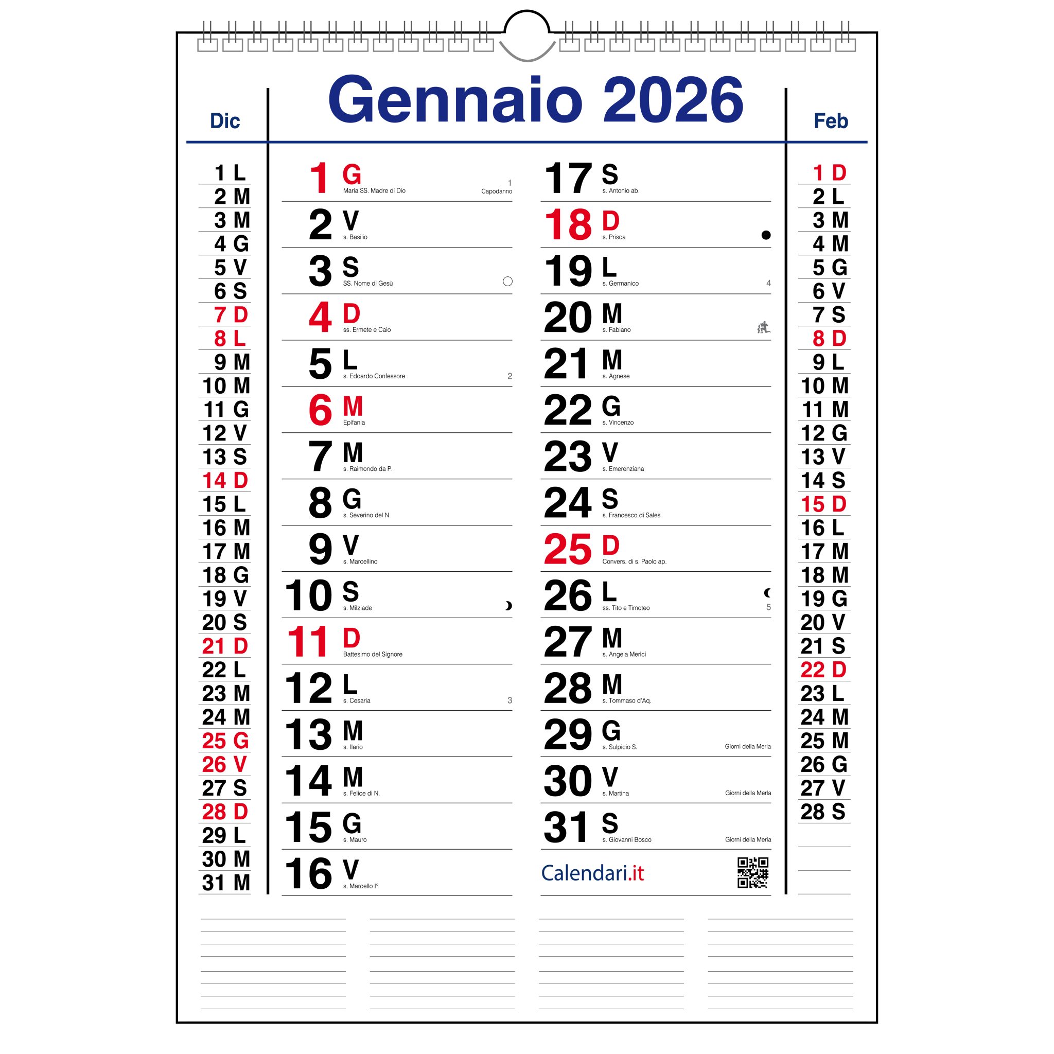 Calendario 2026 olandese classico da muro mensile con santi, lune e ...