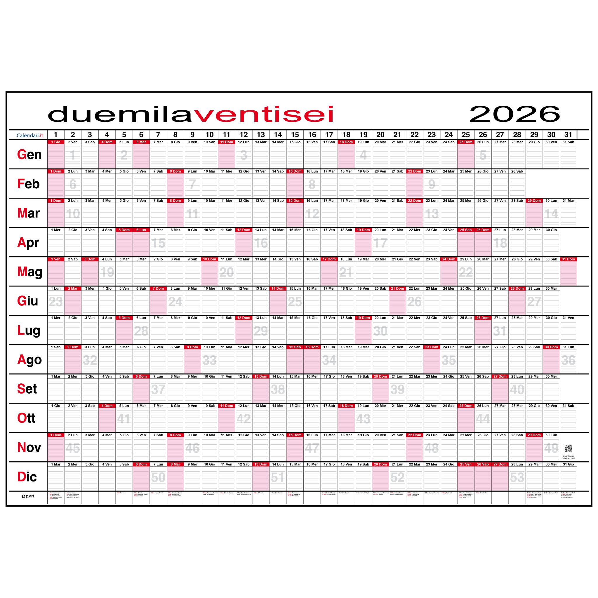 Calendario 2026 planner planning muro maxi per ufficio calendari.it